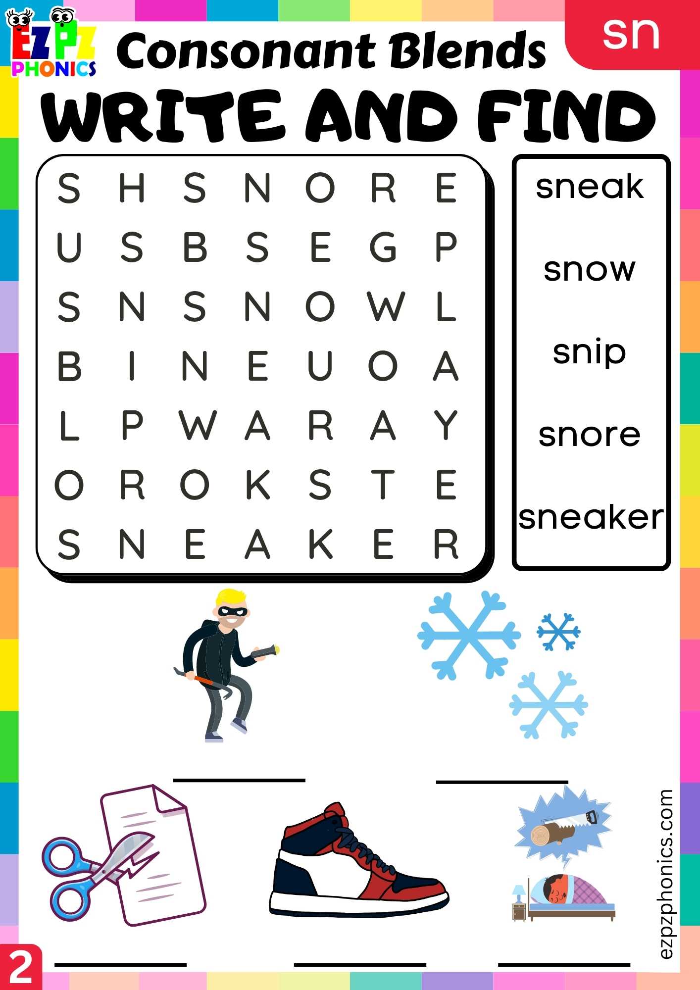 Group2 Sn Words Write And Find Phonics Consonant Blends Worksheet